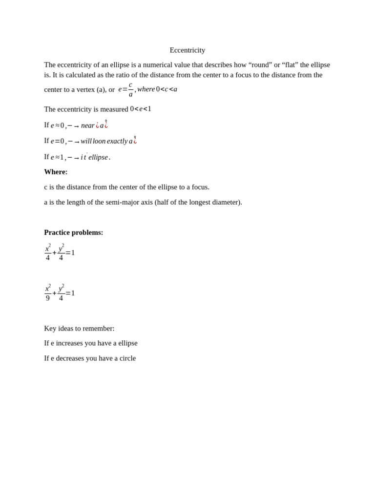 Eccentricity of An Ellipse | PDF