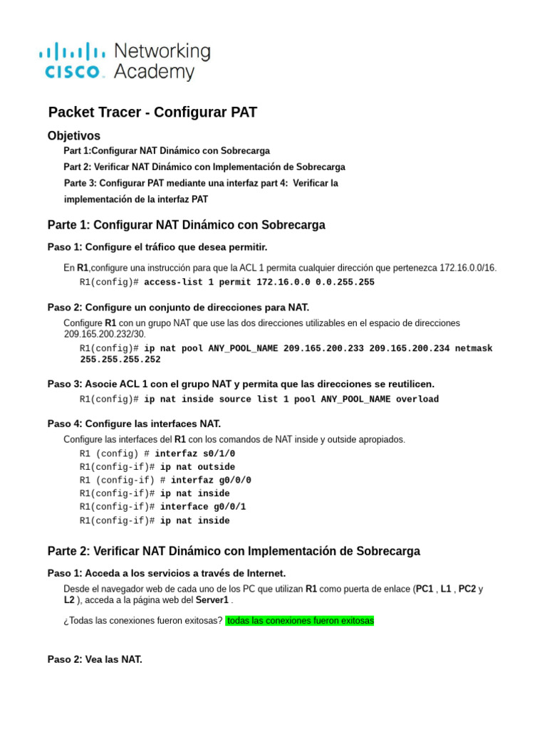 6.6.7 Packet Tracer Configure Pat Instructions Es XL | PDF | Protocolos ...