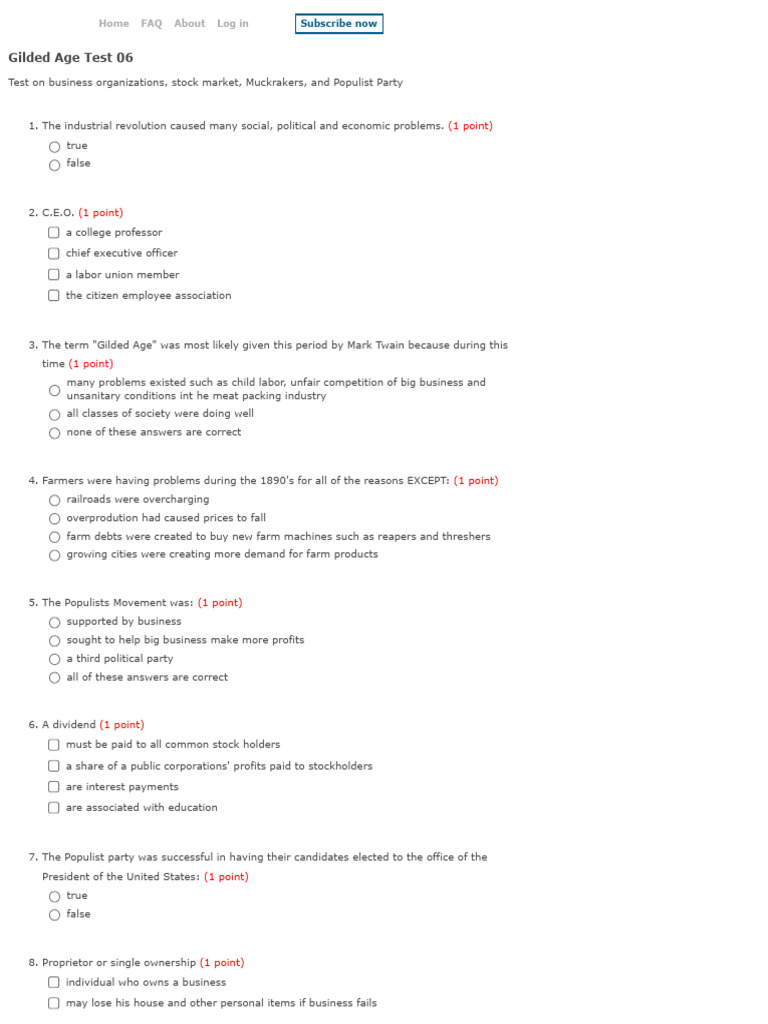 Quia - Gilded Age Test 06 | PDF | Free Silver | Stocks