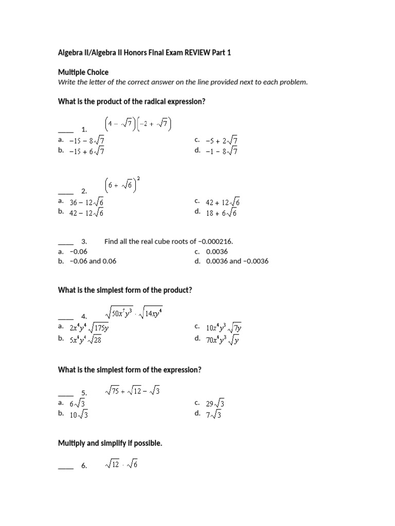Algebra II Honors Final Exam Review | PDF | Algebra | Mathematics