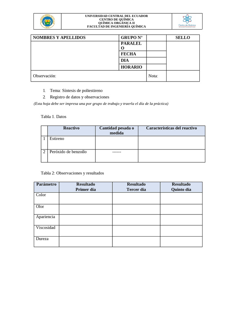 FIQ-QOII-Hoja de Datos - Síntesis de Poliestireno | PDF