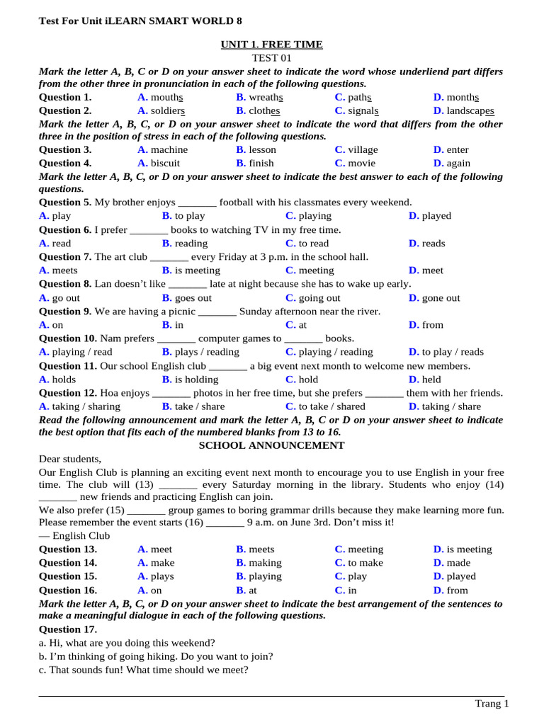Unit 1. Free Time (HS) | PDF | Workweek And Weekend