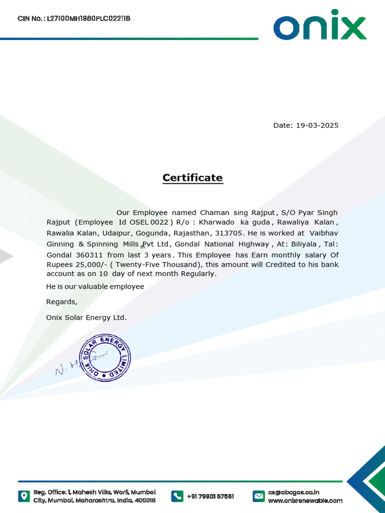 Onix Solar Energy Limited - Letterpad - 2024 | PDF