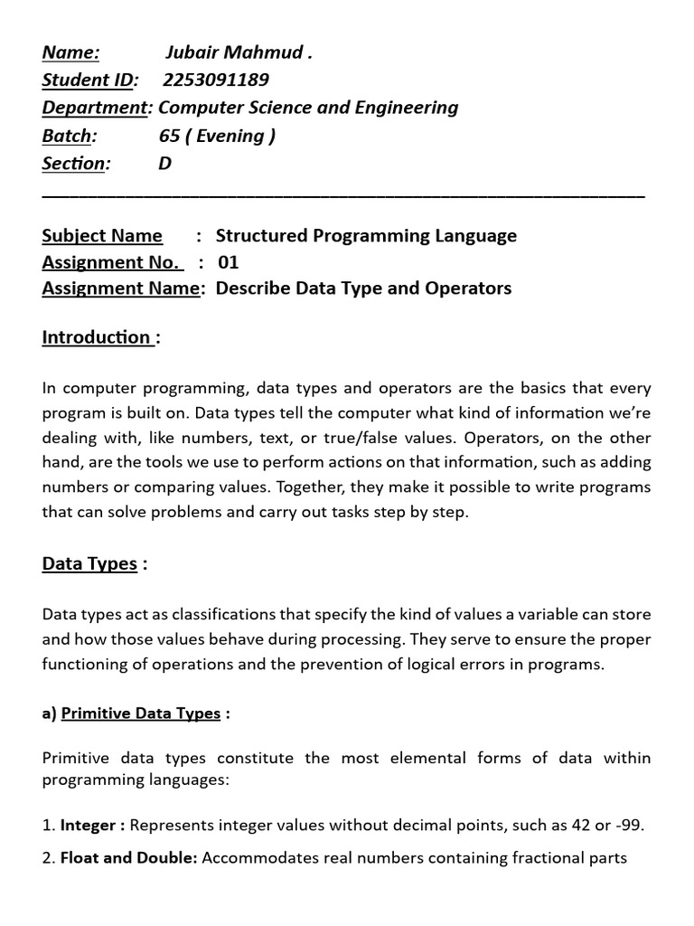 Assignment of Structured Programming Language | PDF | Pointer (Computer Programming) | Data Type