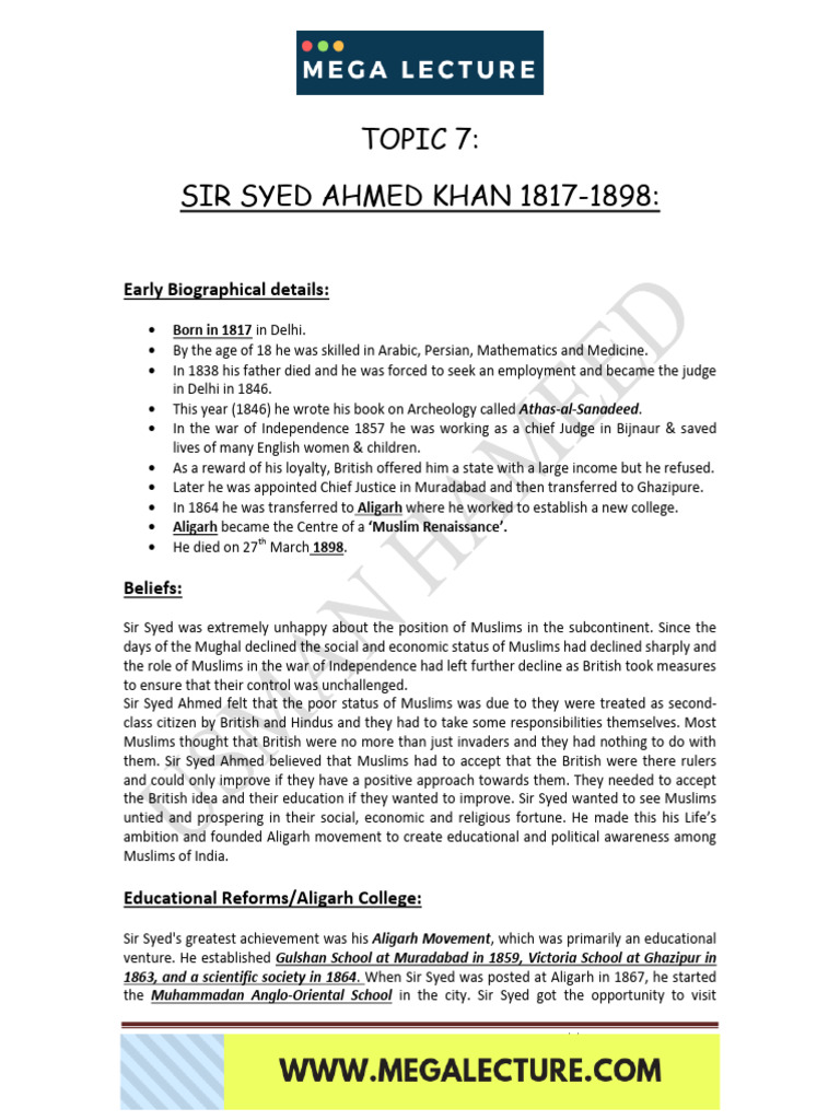 Hist Topic 7 Sir Syed Ahmed Khan 1817 1898 | PDF | Urdu | Two Nation Theory
