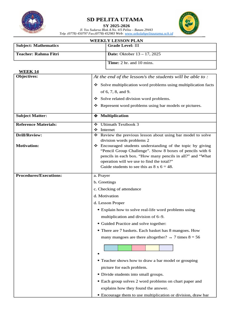 Week 14 - Maths Lesson Plan - Grade 3 - Ms Rahma | PDF | Learning