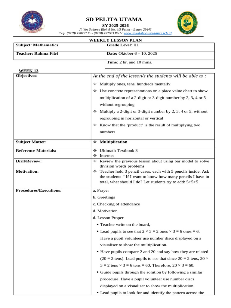 Week 13 - Maths Lesson Plan - Grade 3 - Ms Rahma | PDF | Multiplication ...
