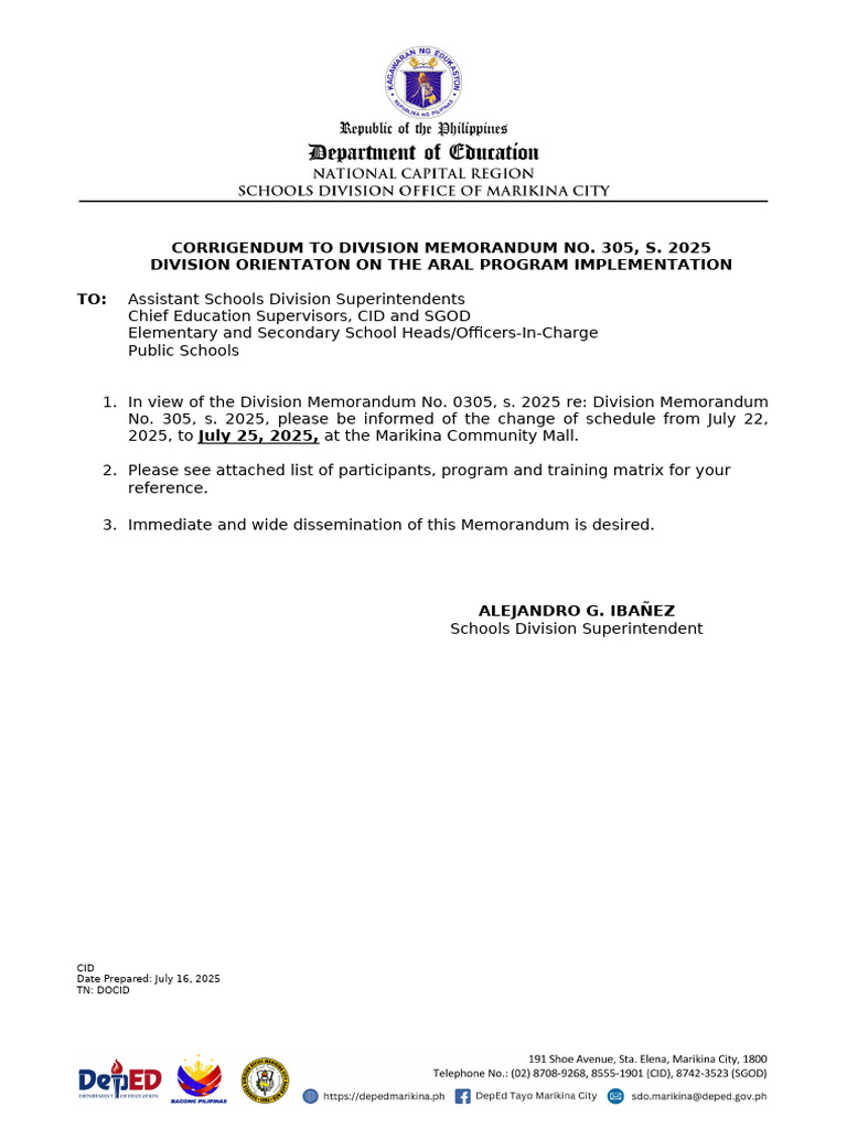 Corrigendum To Division Memorandum No. 305, S. 2025 Aral Program | PDF