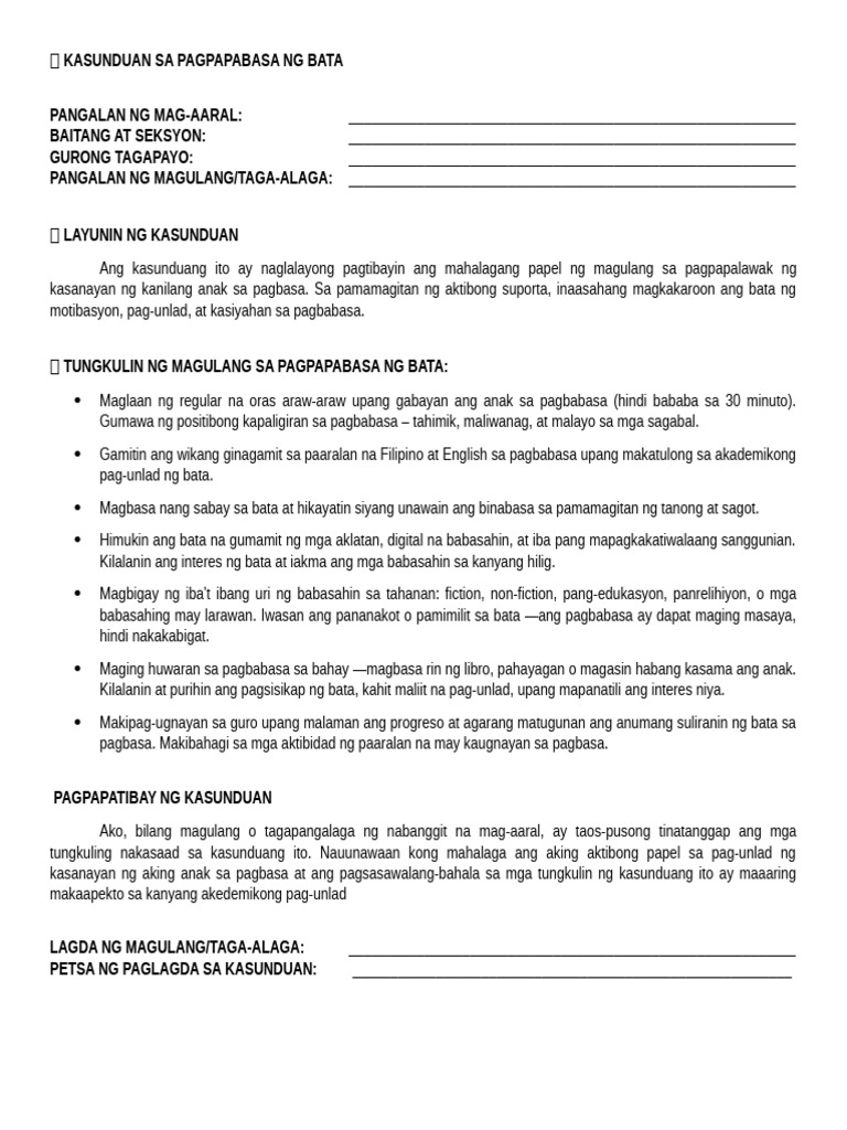 ? Kasunduan Sa Pagpapabasa NG Bata | PDF