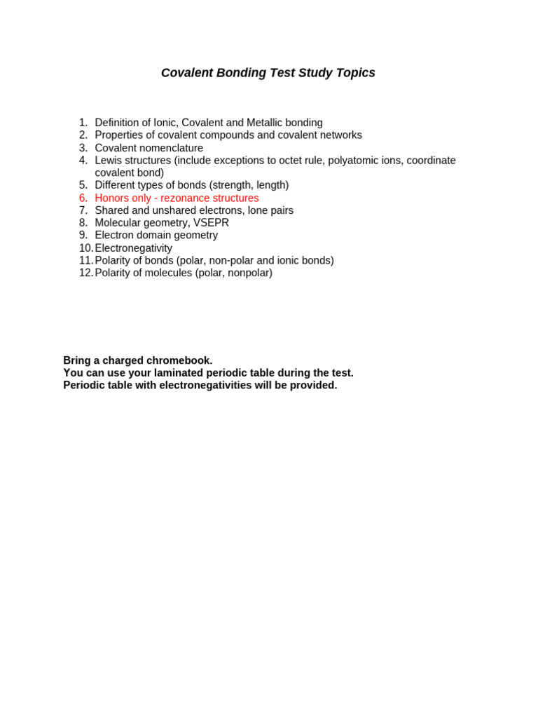 Covalent Bonding Test Study Topics | PDF