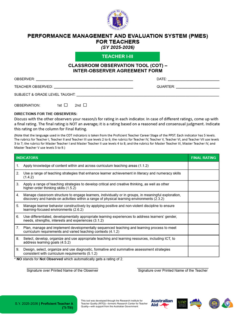 Inter-Observer Agreement Form | PDF | Teachers | Learning