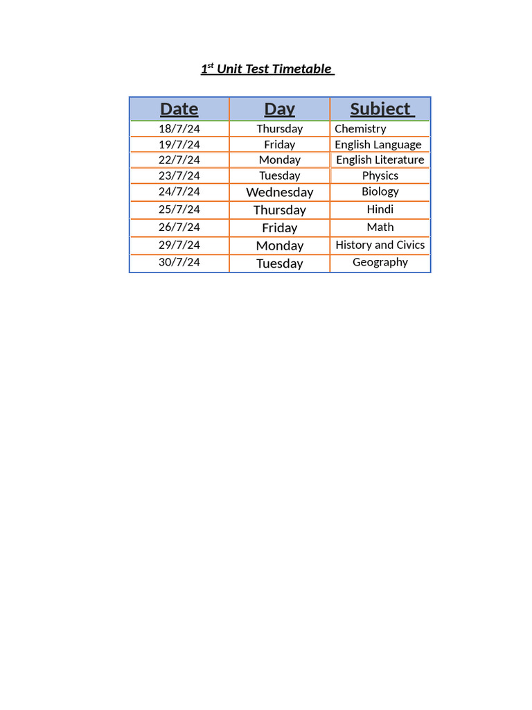 1st Unit Test Timetable | PDF