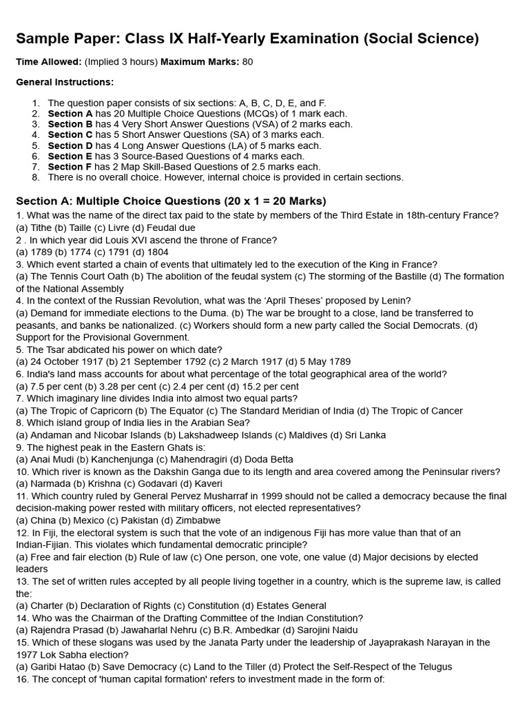 Sample Paper - Class IX Half-Yearly Examination (Social Science) | PDF