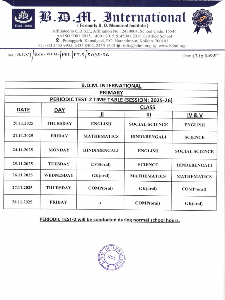 PT 2 Time Table Primary 2025 26 - 251016 - 201806 | PDF