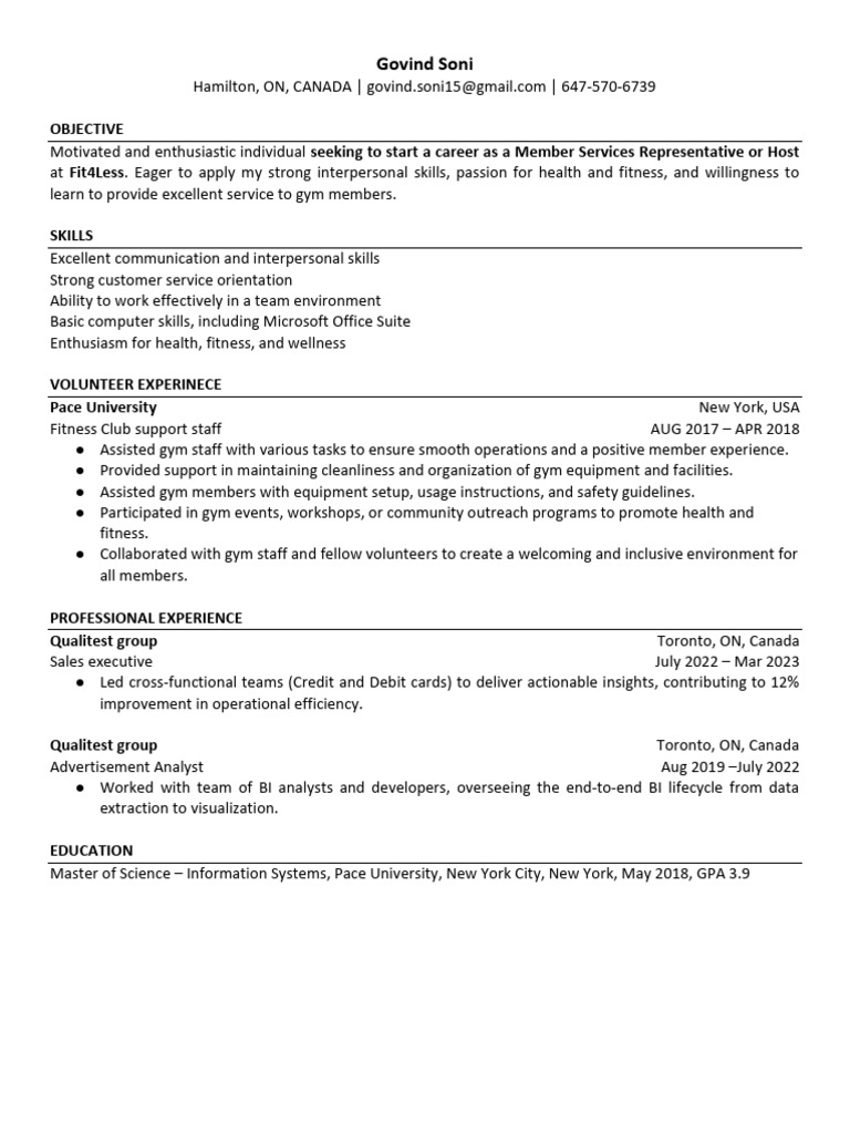 Resume for Member Services Role at Fit4Less | PDF