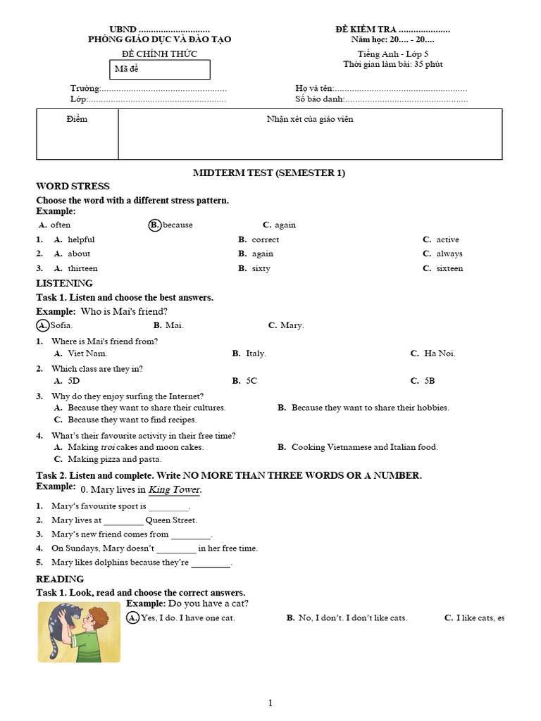 Grade 5 English Midterm Test Guide | PDF