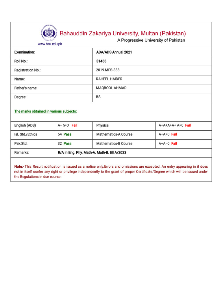 B.A. - B.sc. Results - BZU Multan | PDF