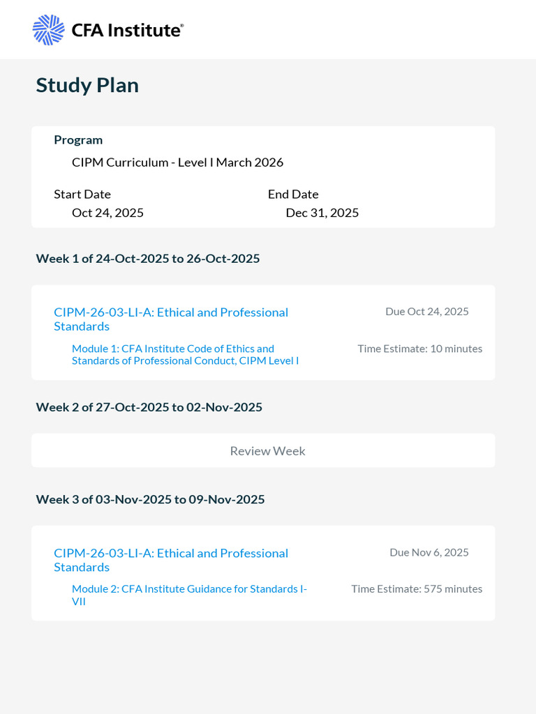 CIPM Level I Study Plan 2025-2026 | PDF | Business | Investing