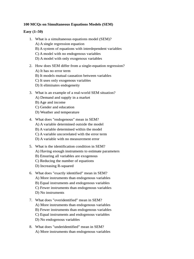 100 MCQs On Simultaneous Equations Models | PDF | Endogeneity (Econometrics) | Structural ...