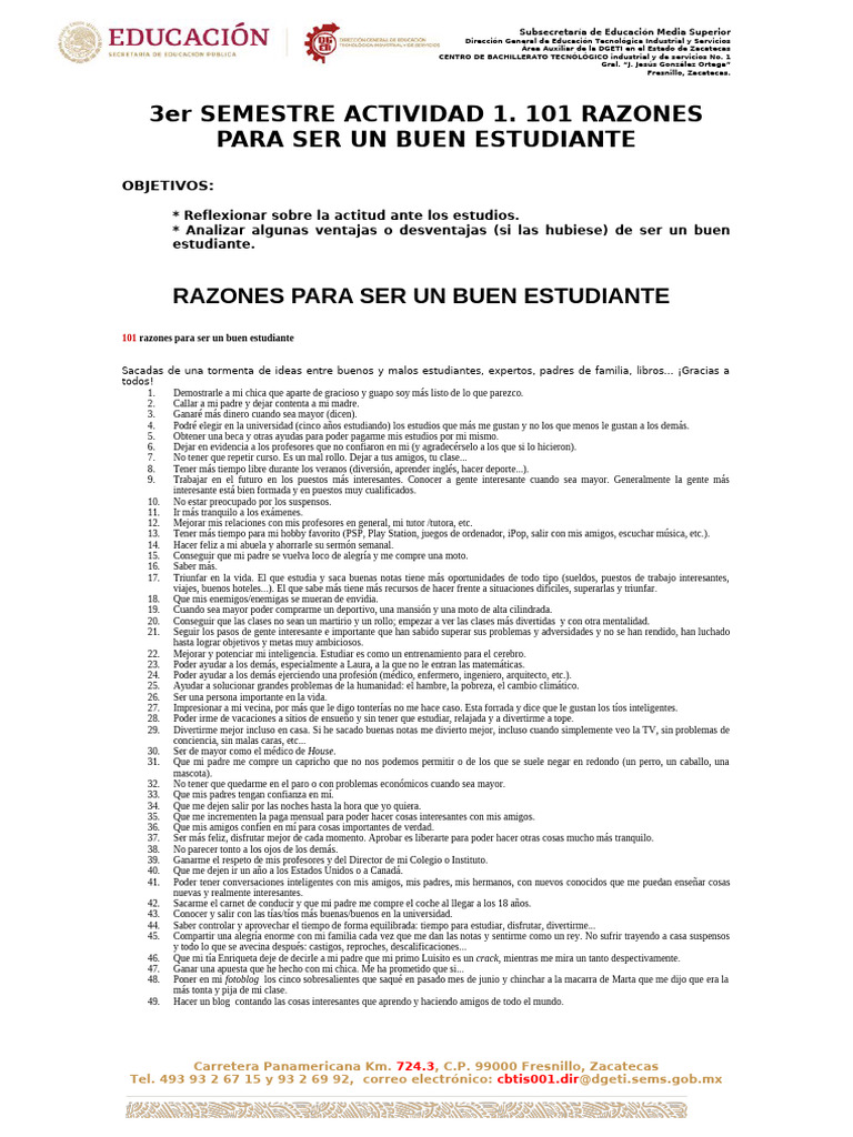 101 Razones para Ser un Buen Estudiante | PDF