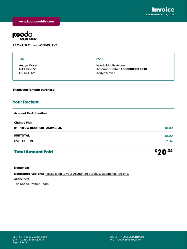 Date September 29, 2025 Aedyn Moyer Koodo PaymentReceipt | PDF
