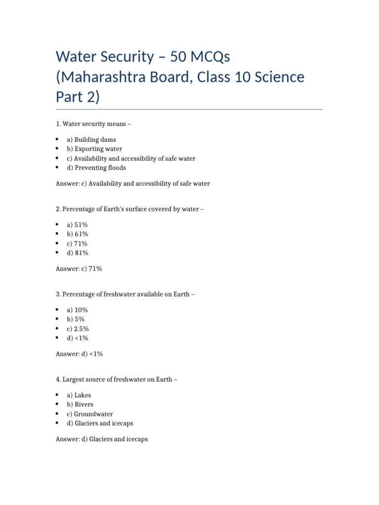 Water Security MCQs for Class 10 Science | PDF | Water | Hydrology