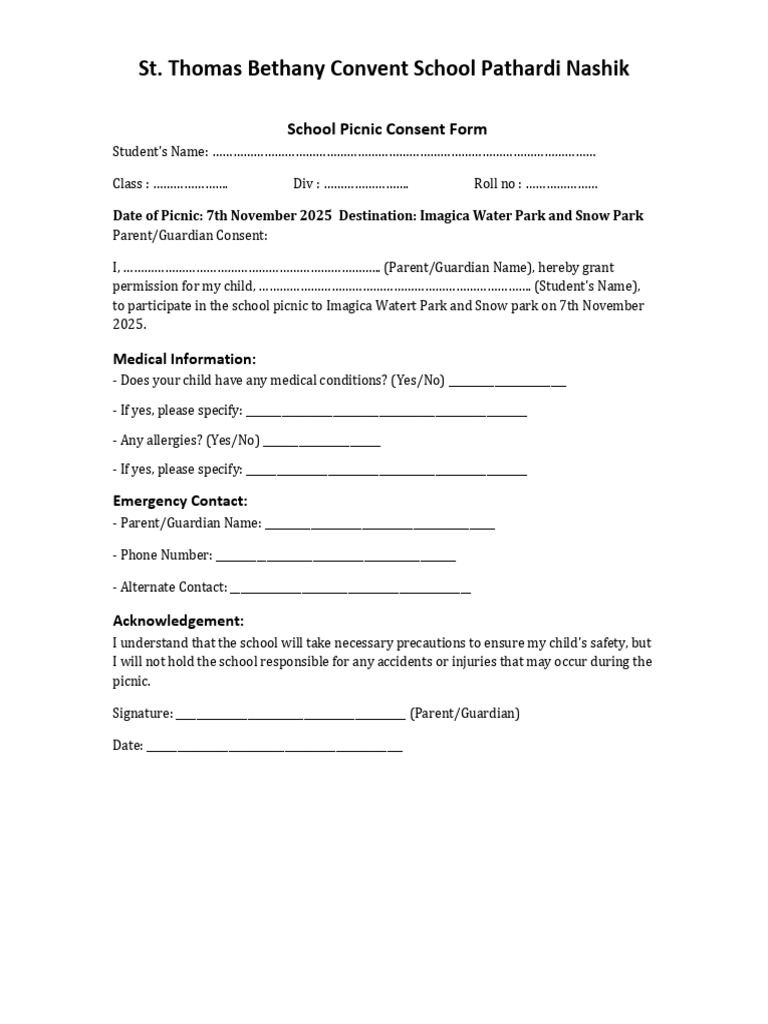 School Picnic Consent Form | PDF