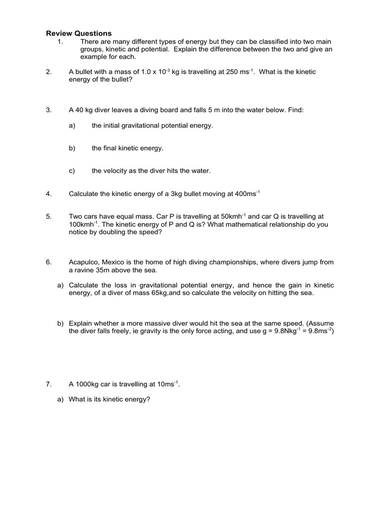 Work and Energy Booklet Review Question Answers | PDF | Kinetic Energy ...
