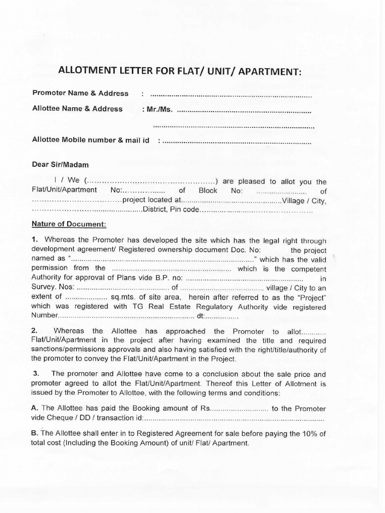 Allotment Letter For Flat - Unit - Apartment | PDF
