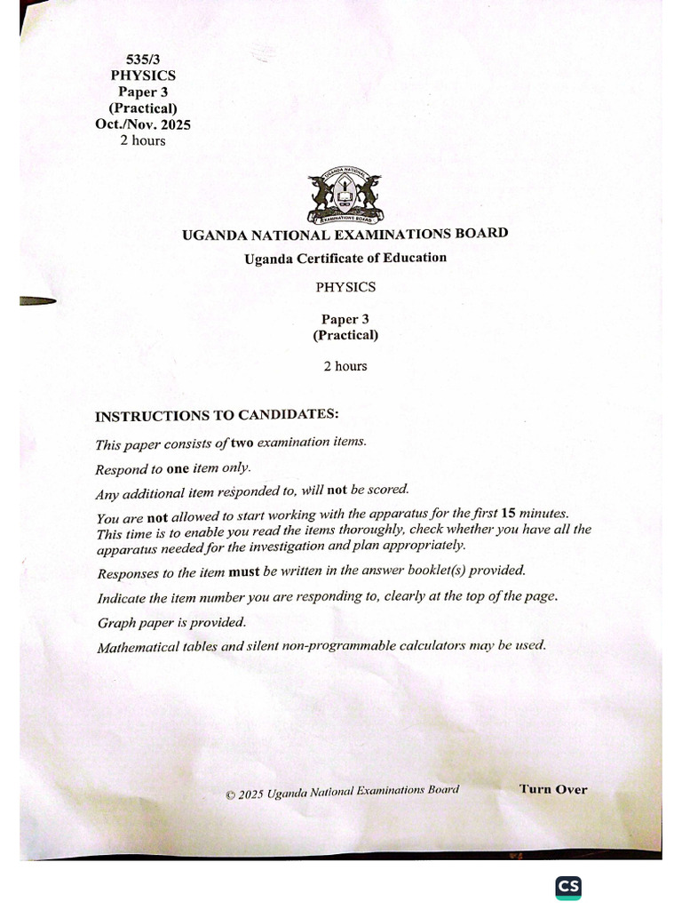 UNEB Physics 3 2025 | PDF