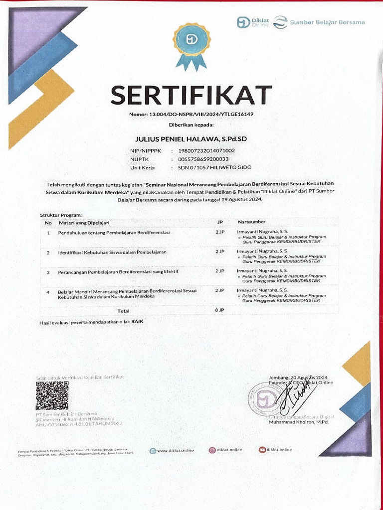 Sertifikat Jp. Halawa, S.PD - SD 20 Agst 2024 | PDF