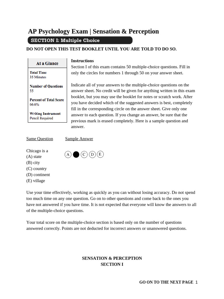 AP Sensation & Perception Practice Test & KEY | PDF | Senses | Perception