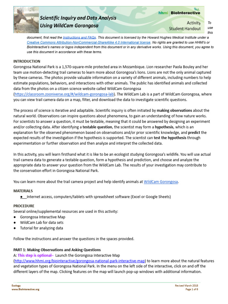 Scientific Inquiry and Data Analysis Gorongosa Student Handout 2 | PDF ...