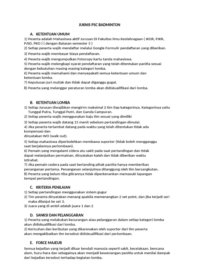 Juklak Juknis Psc Badminton^ | PDF