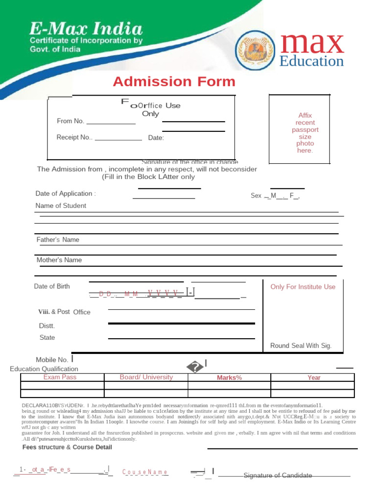 E-Max Admission Form Template | PDF