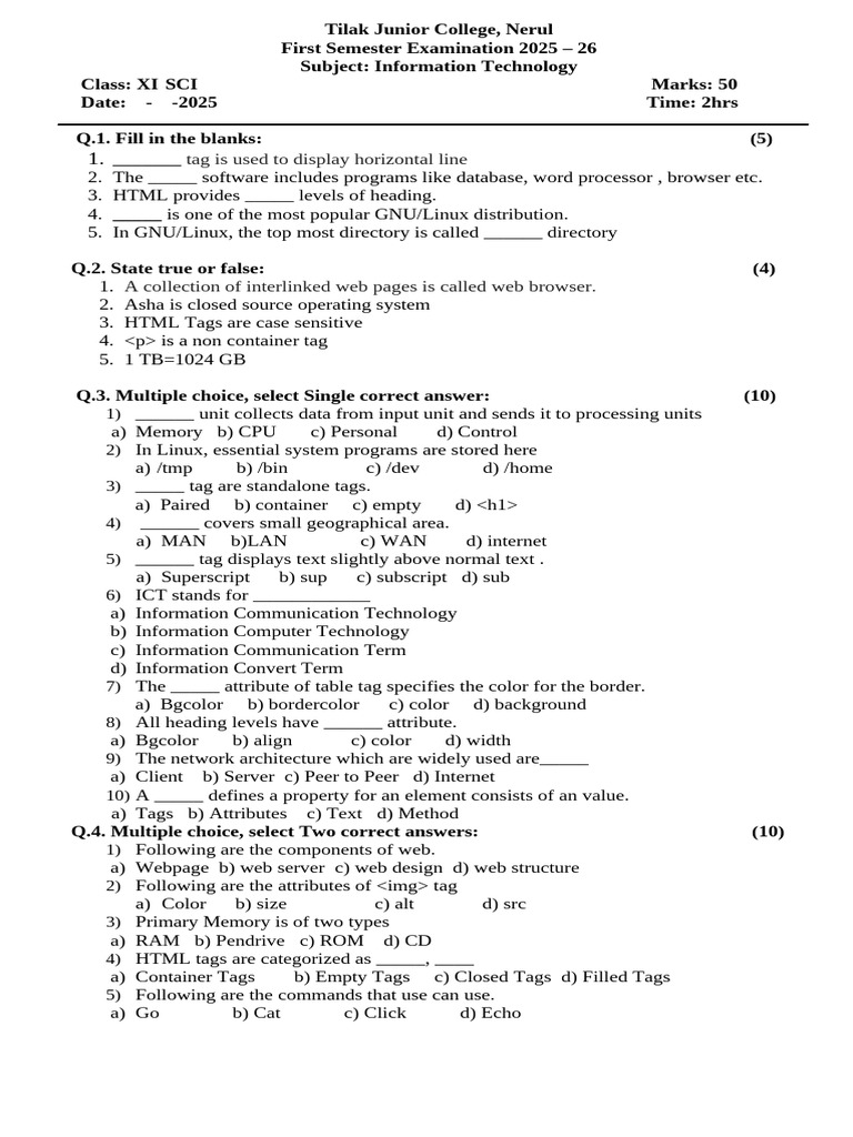 IT Exam Paper for Class XI SCI | PDF | Html | Computer Engineering