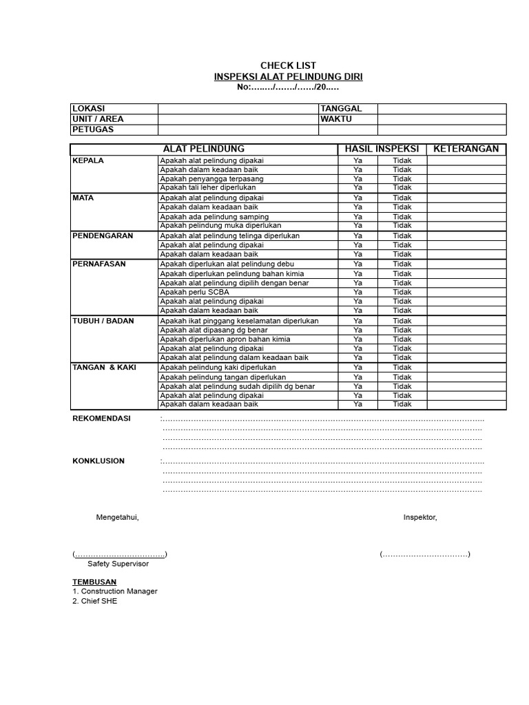Checklist Inspeksi Alat Pelindung Diri | PDF
