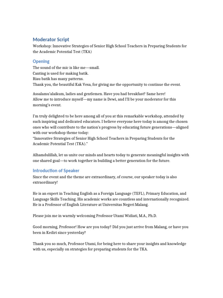 Moderator Script English | PDF | Behavior Modification | Cognitive Science