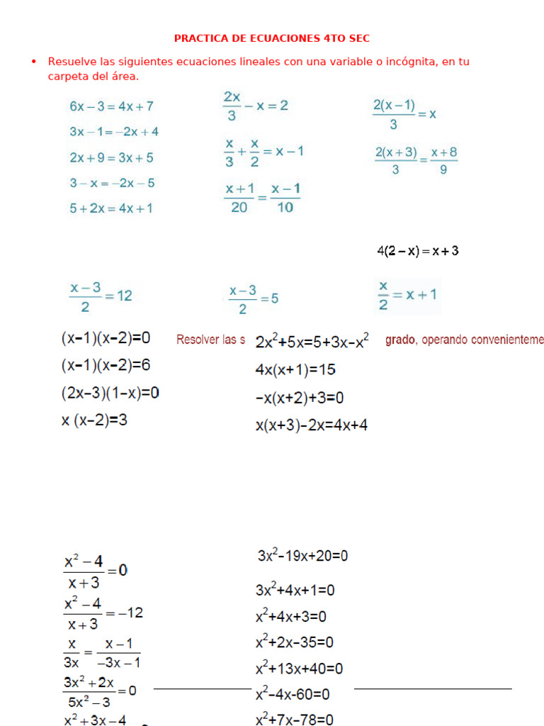 Practica de Ecuaciones 4to Sec | PDF
