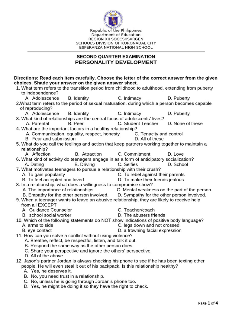 Personality Development Exam: Adolescence | PDF | Adolescence | Love