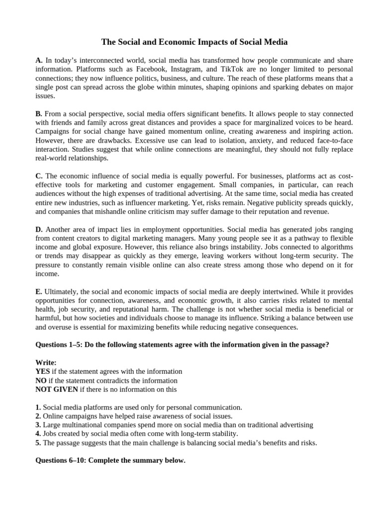 IELTS U1The Social and Economic Impacts of Social Media | PDF | Social ...
