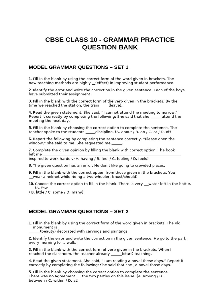CBSE Class 10 Grammar Question Bank | PDF | Question