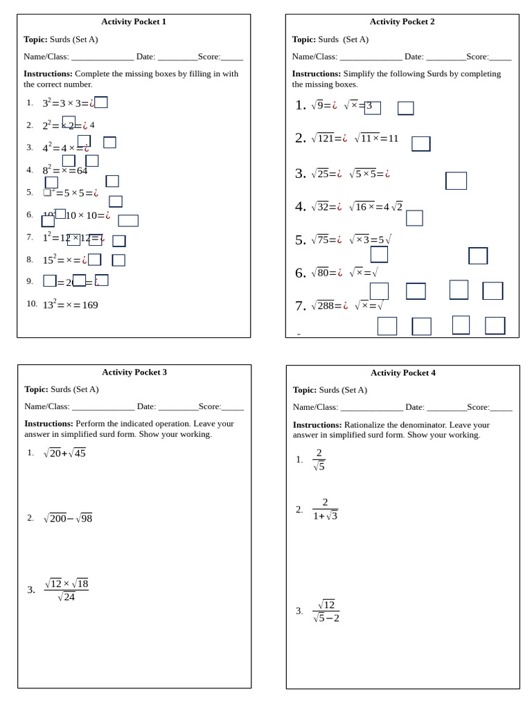 Activity Pocket (Surds Set A) | PDF | Chess Theory | Chess