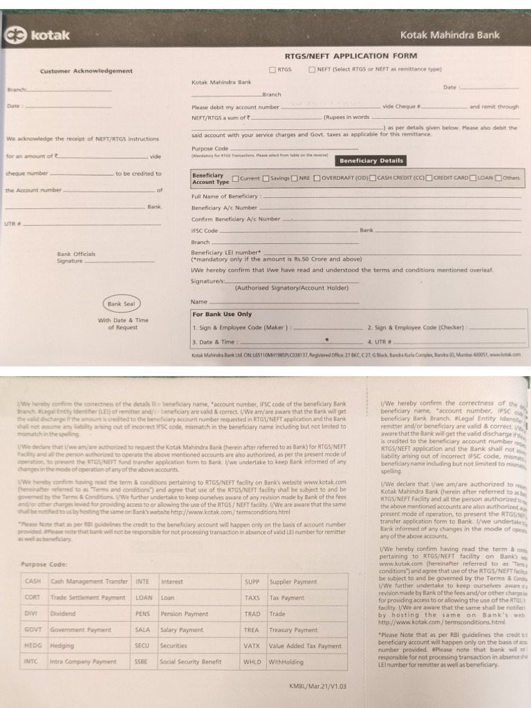 Kotak Mahindra RTGSNEFT Form | PDF
