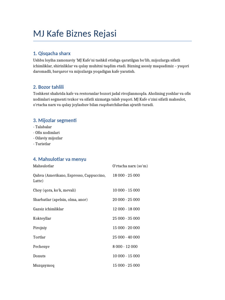 MJ Kafe Biznes Reja | PDF