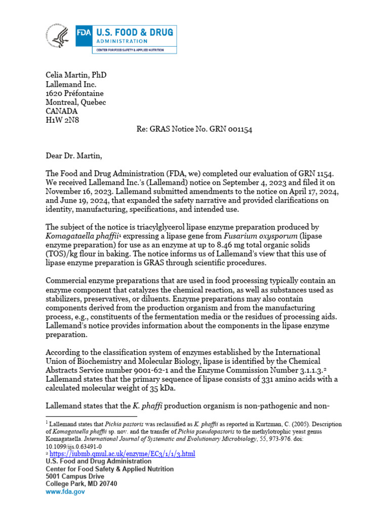 GRAS Notice for Lipase Enzyme in Baking | PDF | Enzyme | Polymerase ...