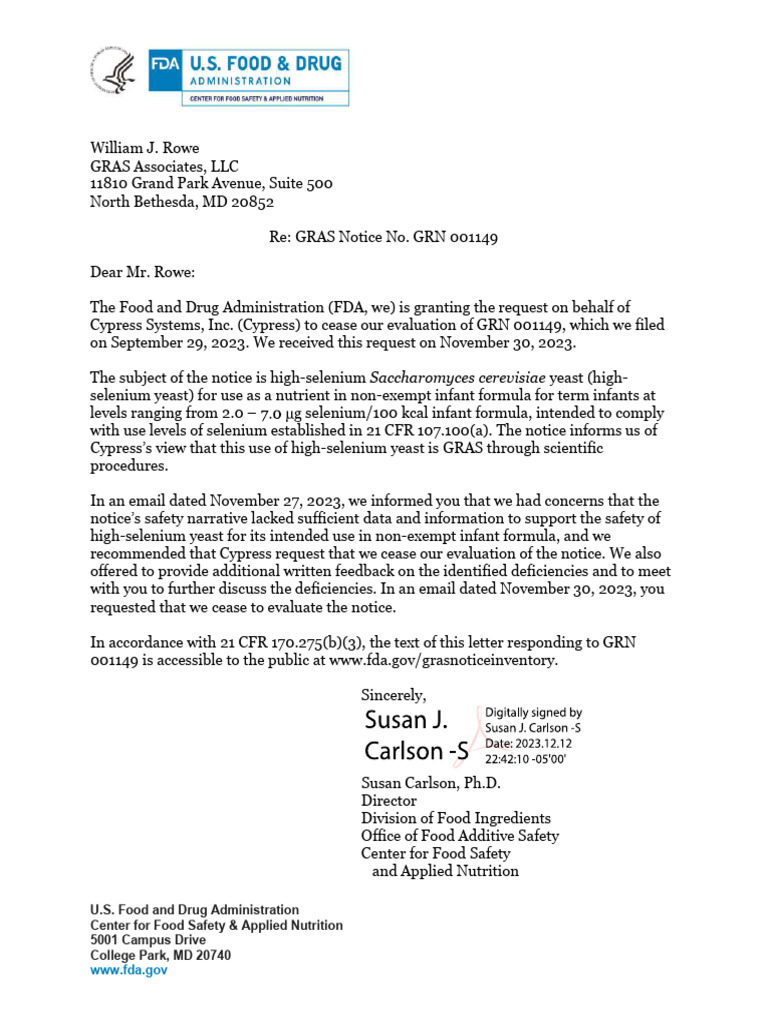 Gras Notice GRN 1149 Agency Response Letter | PDF | Food And Drug Administration | Nutrition
