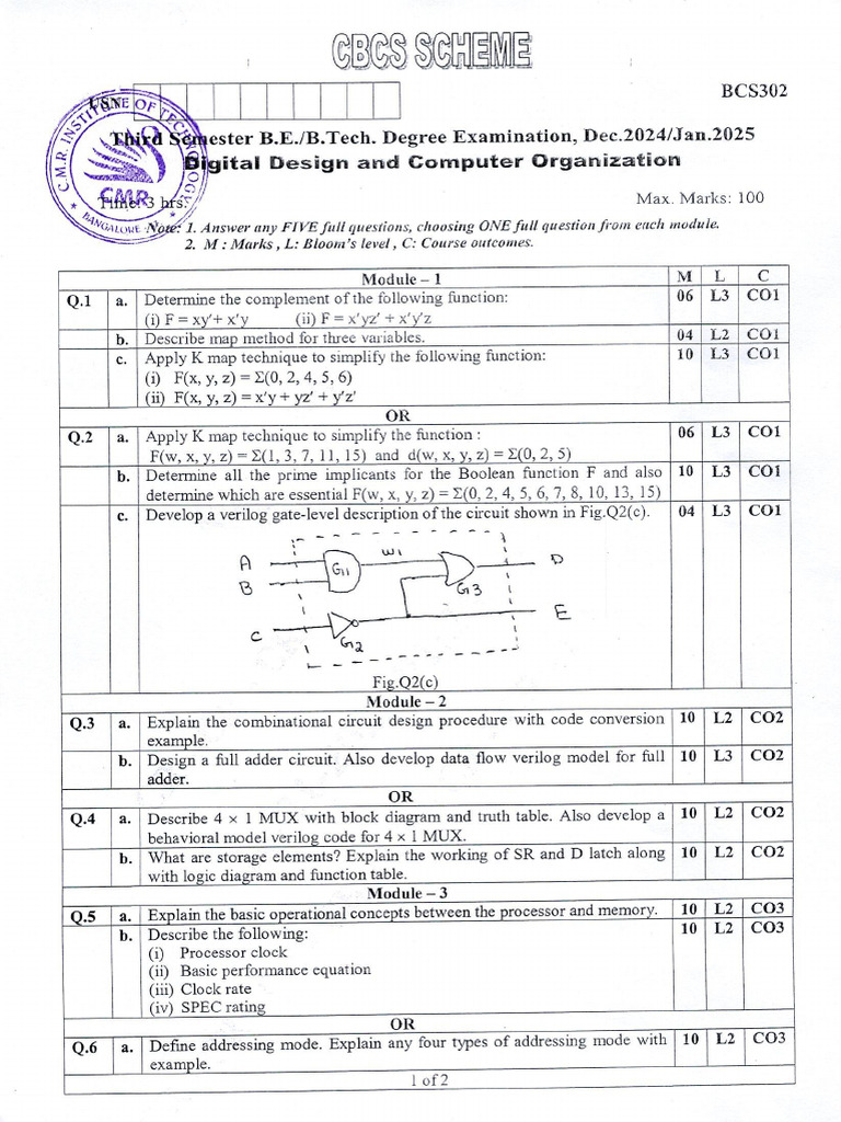 VTU Exam Question Paper With Solution of BCS302 Digital Design and Computer Organisation Jan ...