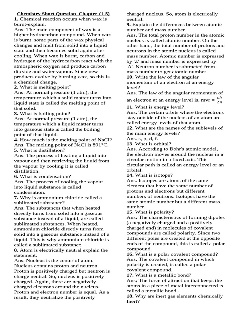 Chemistry Short Questions Overview | PDF | Periodic Table | Chemistry