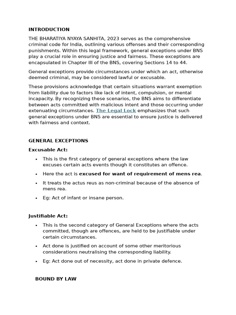 General Exceptions BNS | PDF | Mens Rea | Crimes